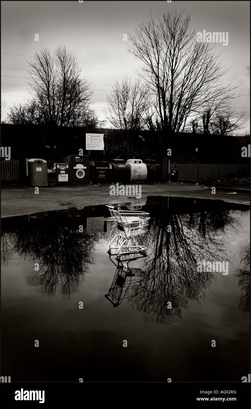 Graphic black and white image of waste recycling point with discarded ...