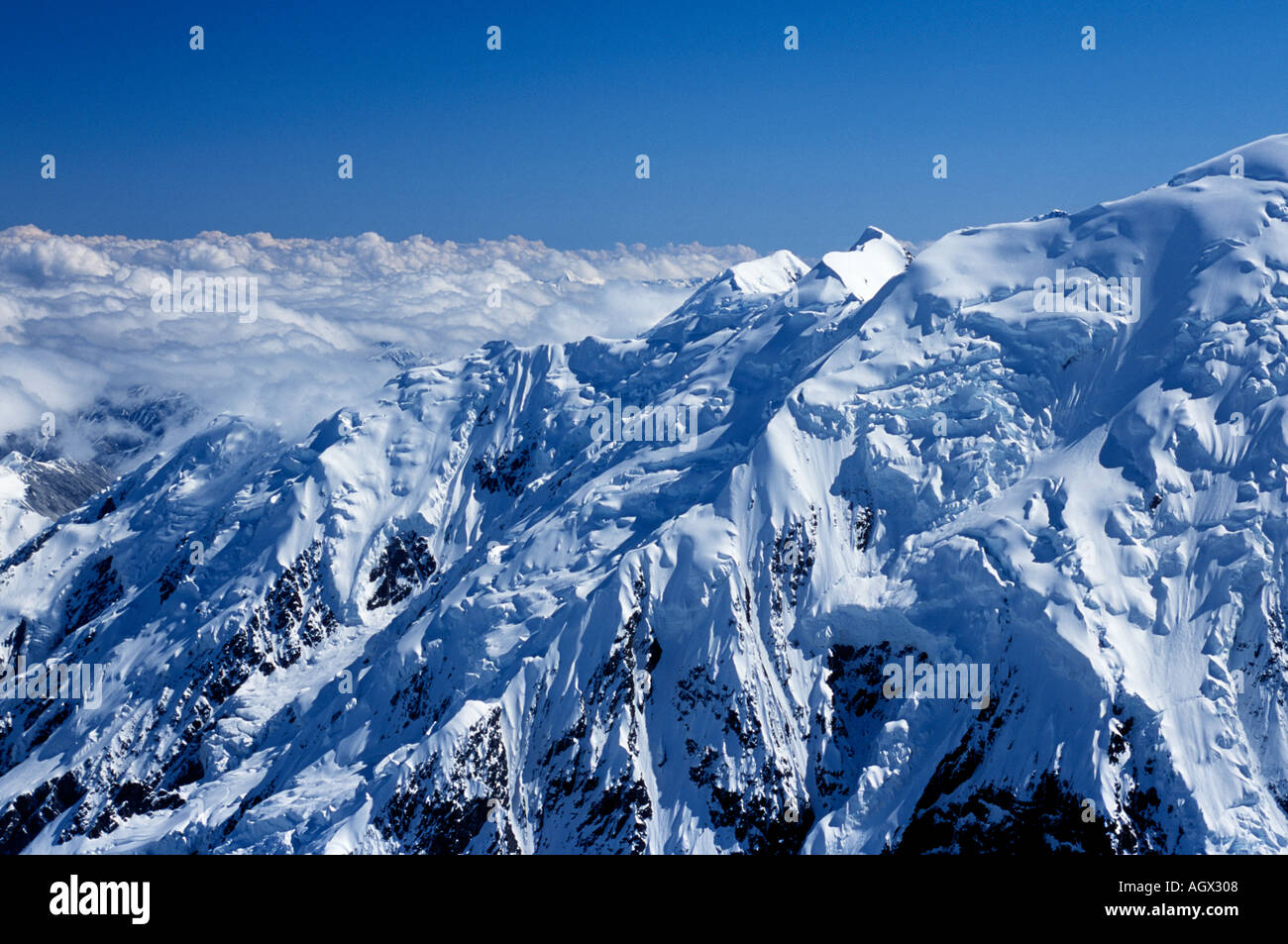 USA Alaska Denali National Park Aerial photo of glacier covered ridge ...