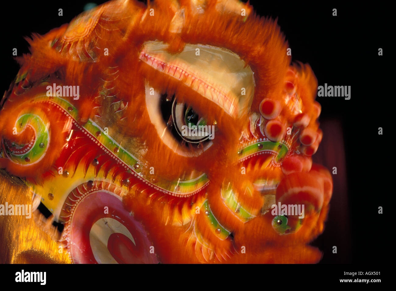 Close view of Lion costume head in traditional Chinese Lion dance ...