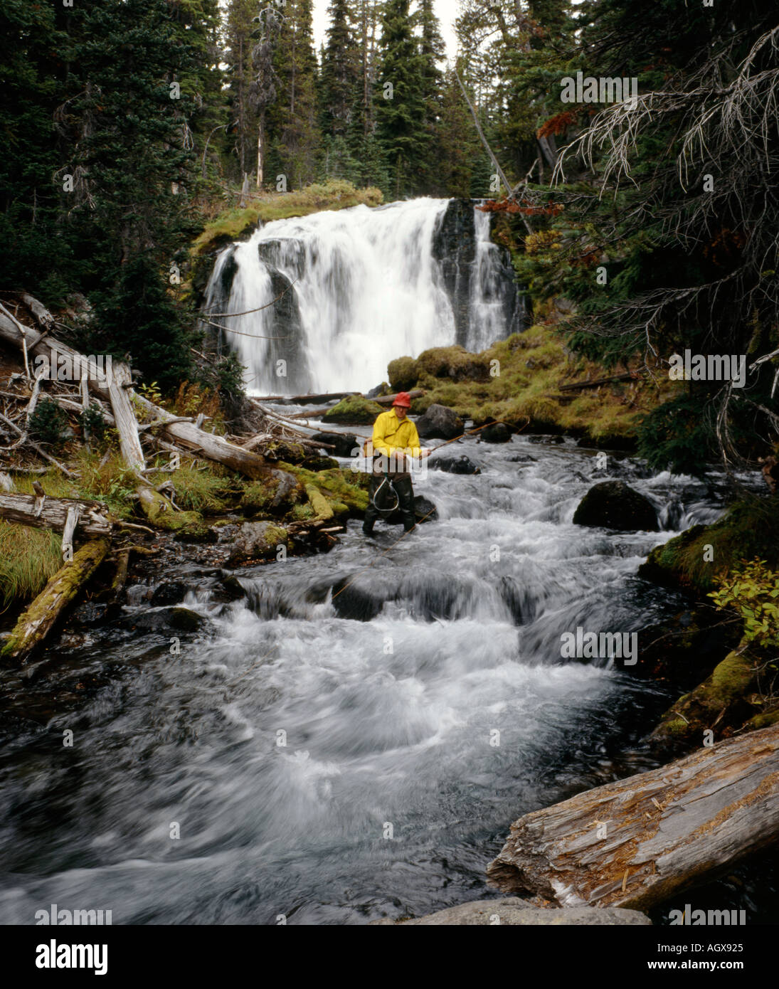 Fishing downstream for a rushing waterfall in the high mountains Stock ...