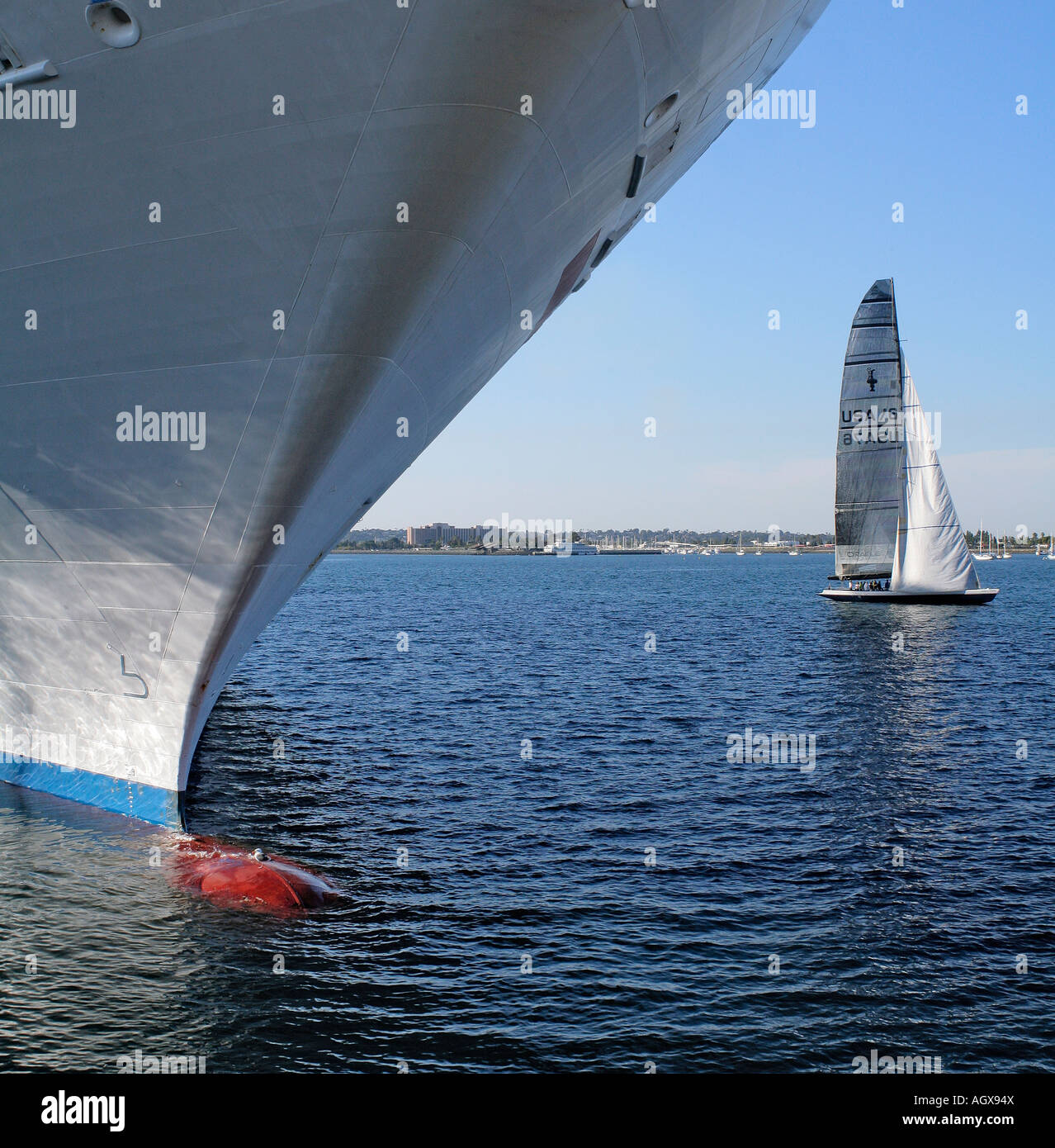 A cruise ship, seagull and yacht in the San Diego harbour, California ...