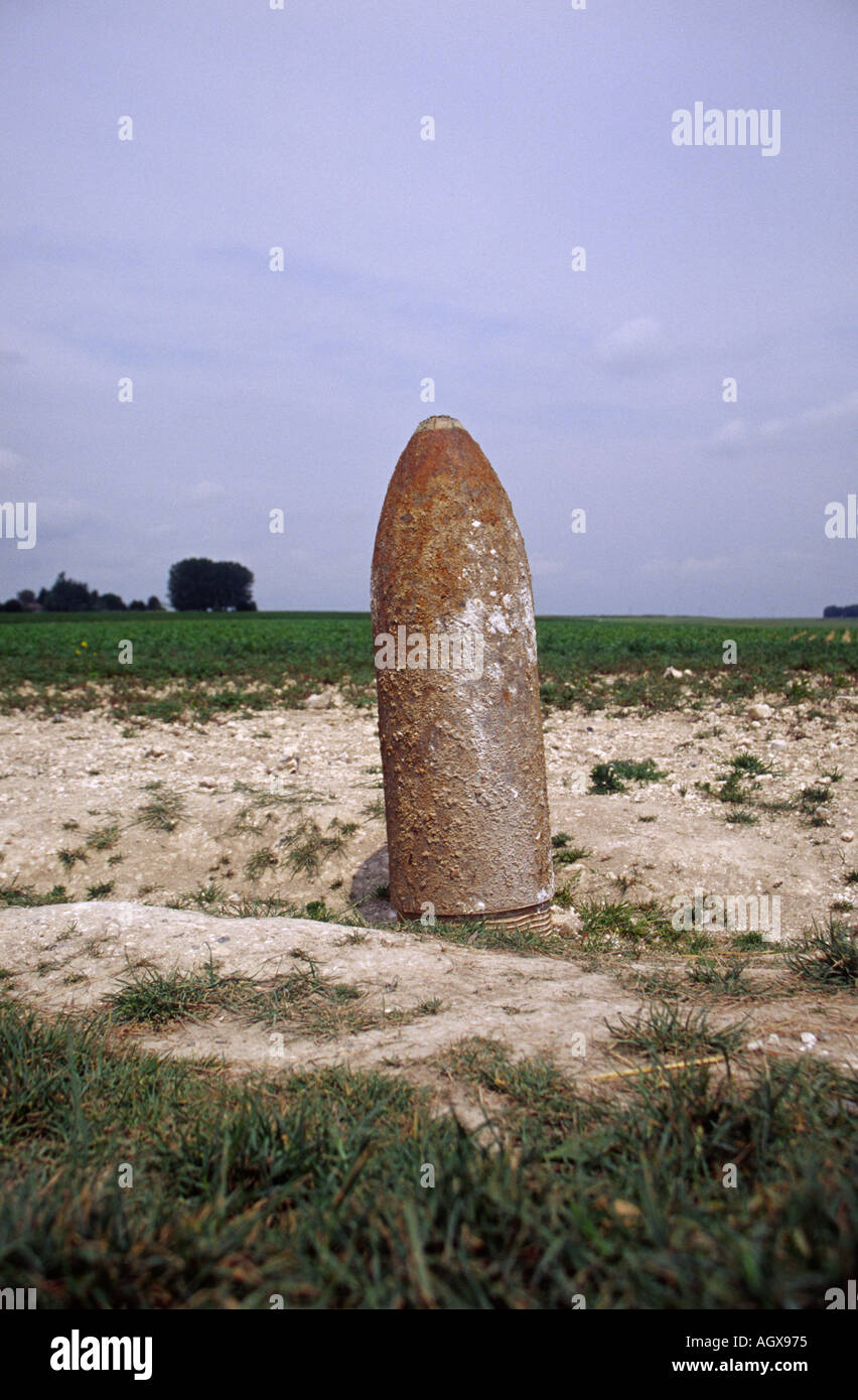 A large WW1 unexploded shell stands near the Lochnagar Crater at La ...