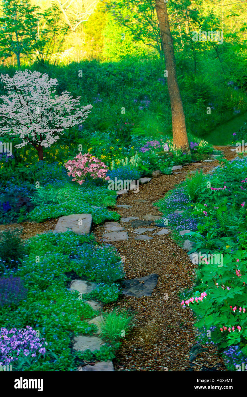 Aggregate path curves in Spring shade garden with many blooming flowers ...
