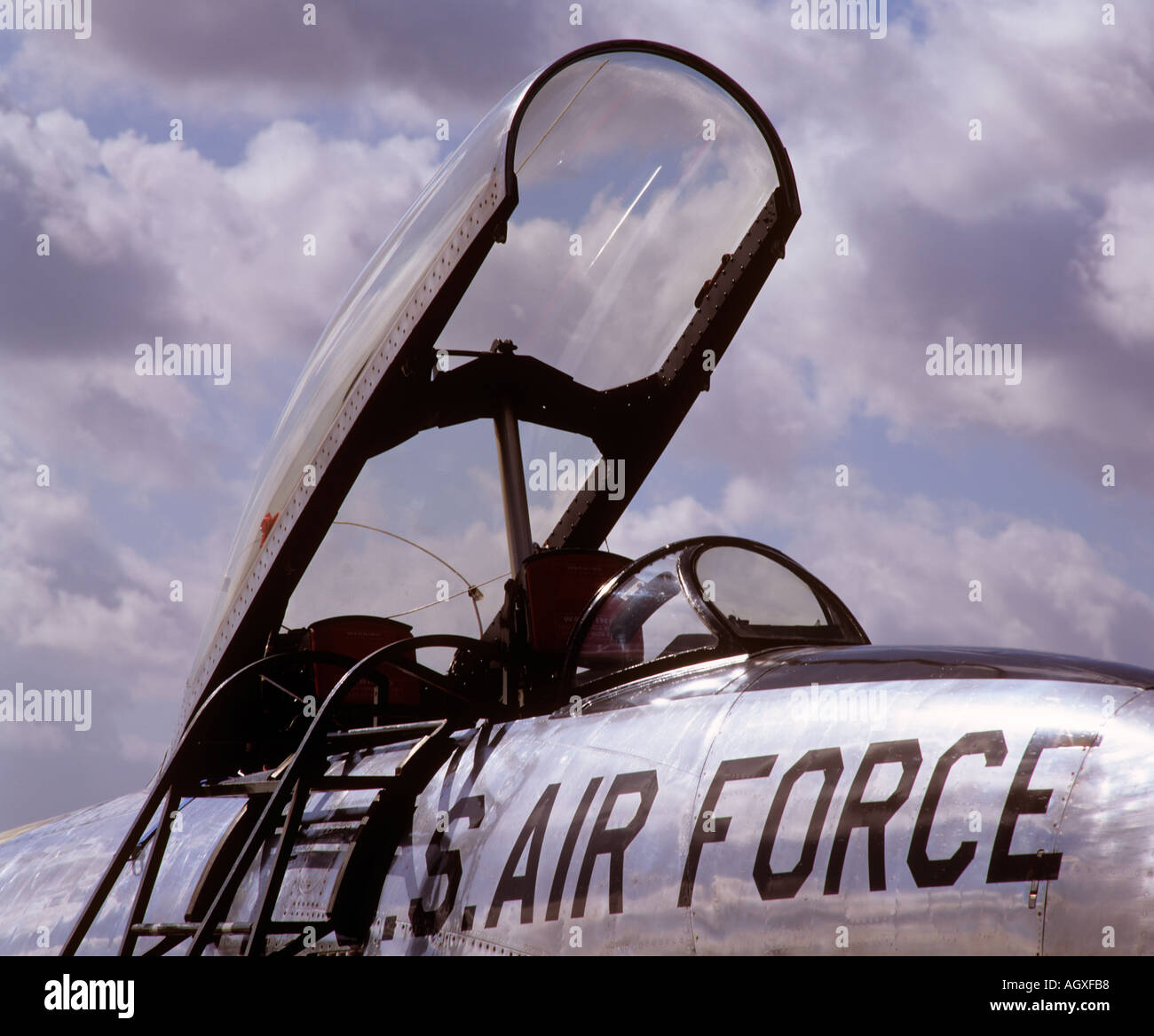The cockpit and raised canopy of a Lockheed Canadair T33 Silver Star ...