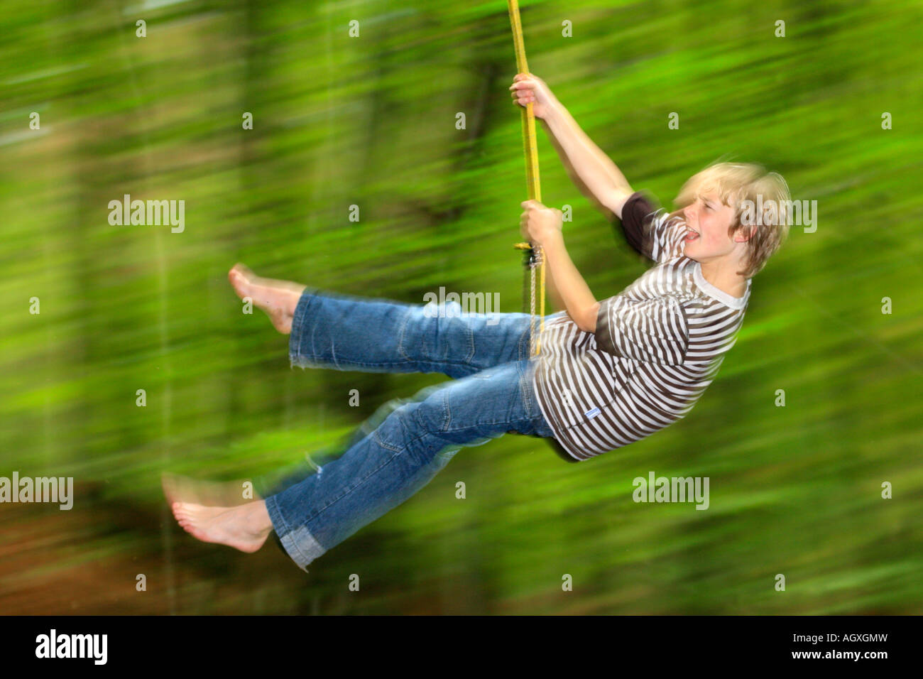 a young boy swinging on a rope in a forest Stock Photo - Alamy