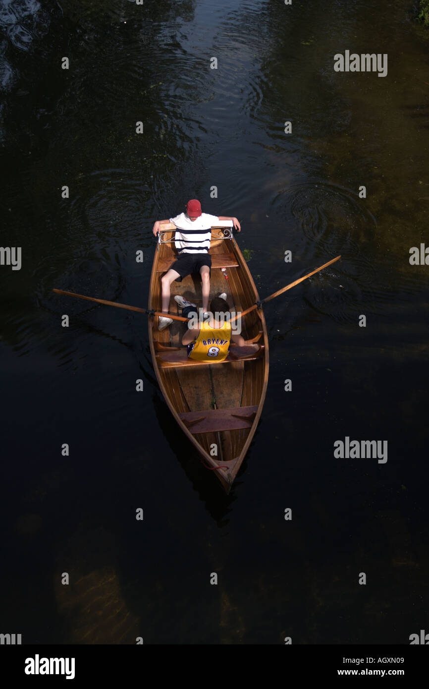Top down view of two boys Rowing a boat on the River Stour at Historic ...