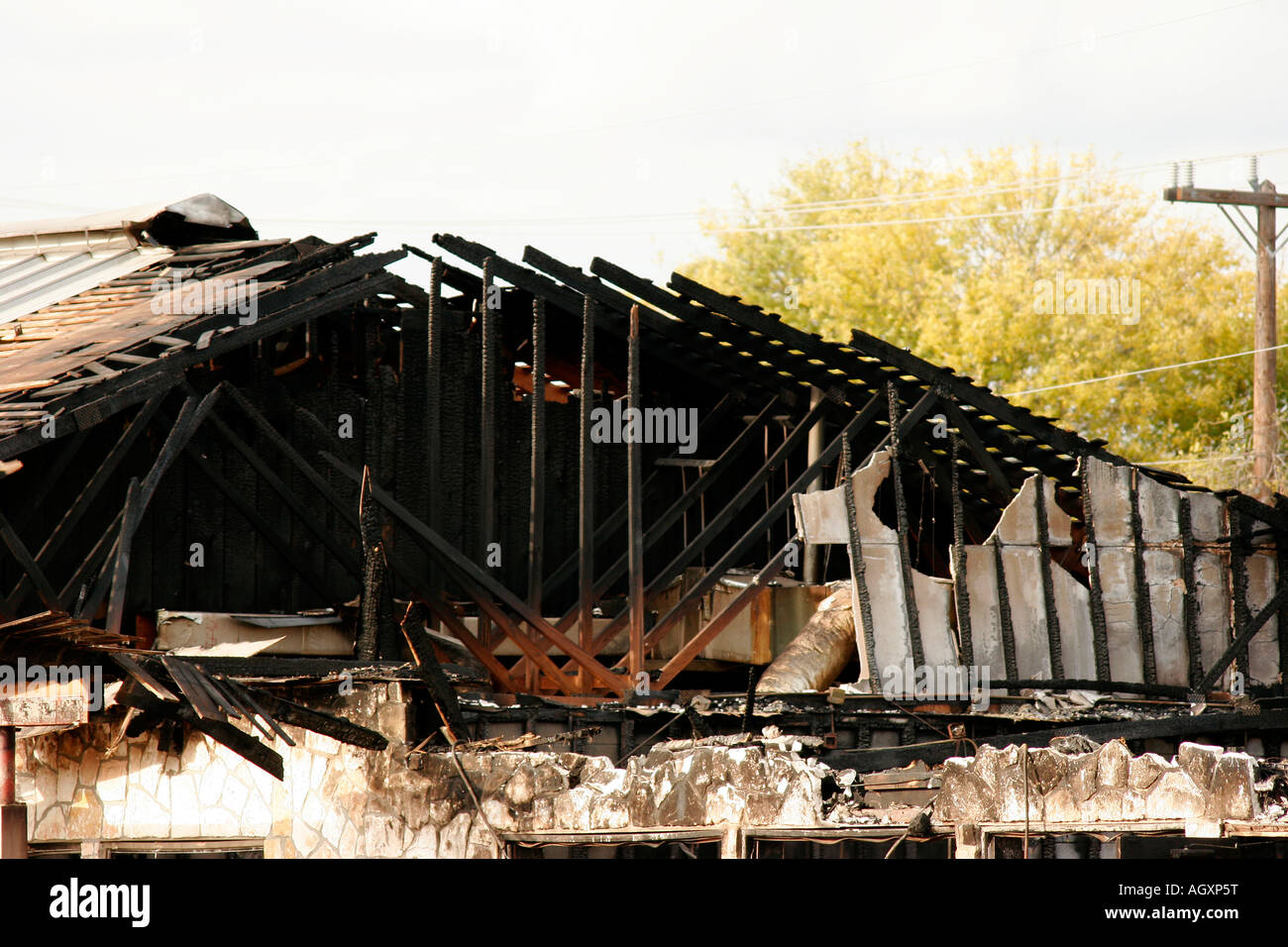Fire damage in attic of commercial building Stock Photo - Alamy