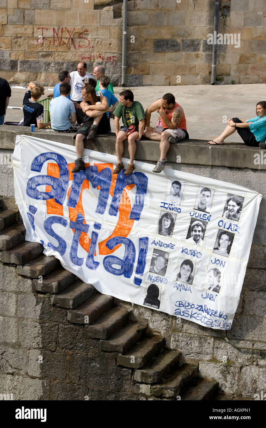 Basque independence protest banner in Euskara on riverside wall Bilbao ...