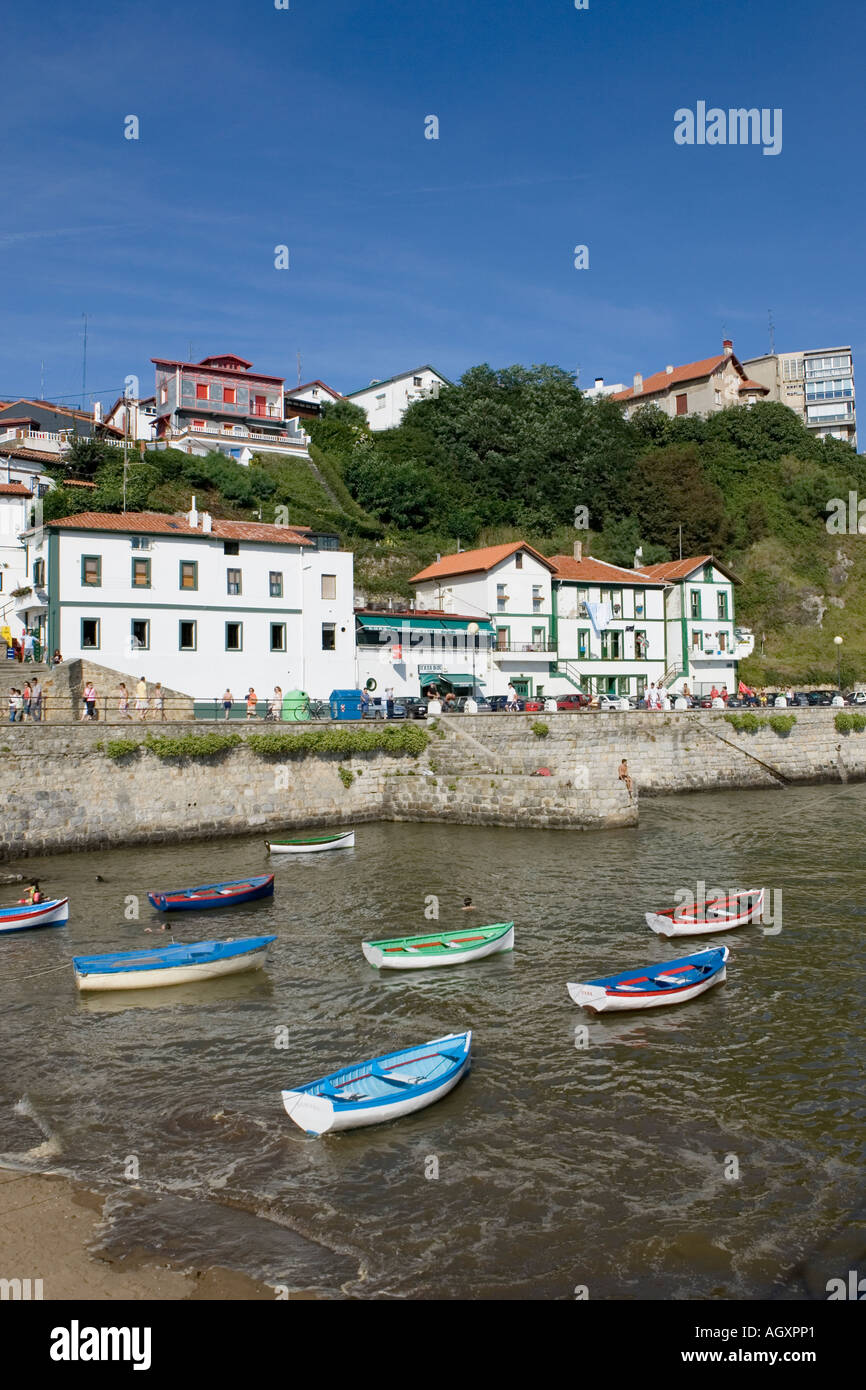 Group of colourful rowing boats at moorings Puerto Viejo de Algorta ...