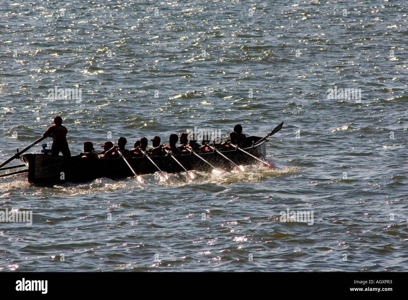 Traineras team rowing during regatta off Puerto Viejo de Algorta Basque ...