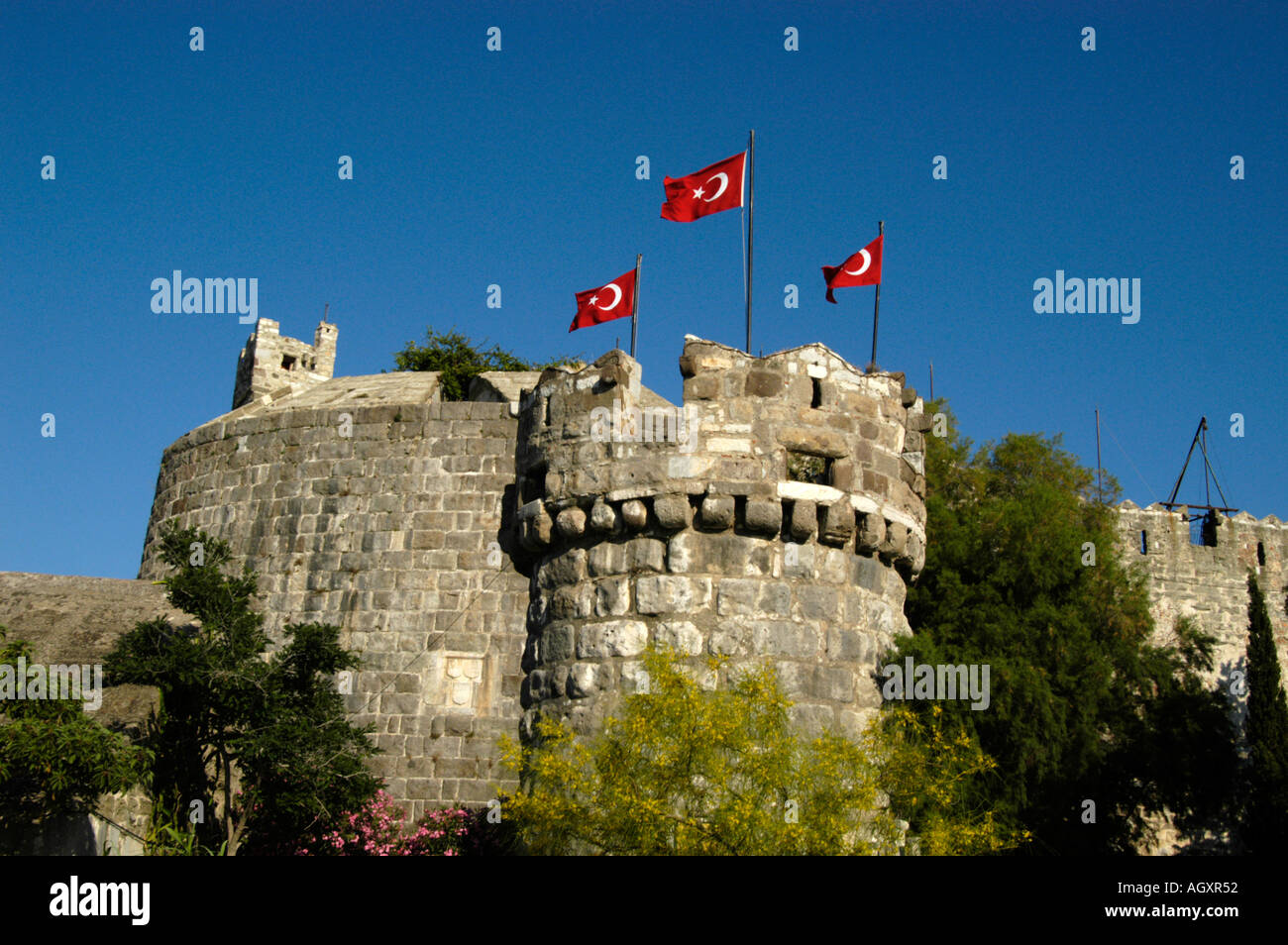 Turkish flags flying from turret of the Castle of St Peter, Bodrum ...