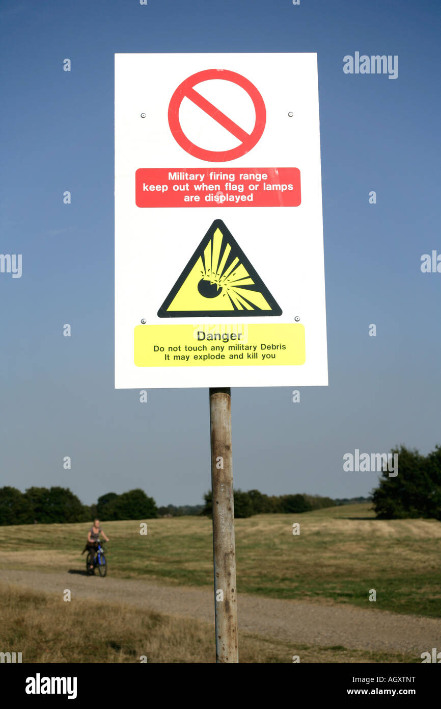 Warning sign at military firing range near Colchester, Essex, England ...