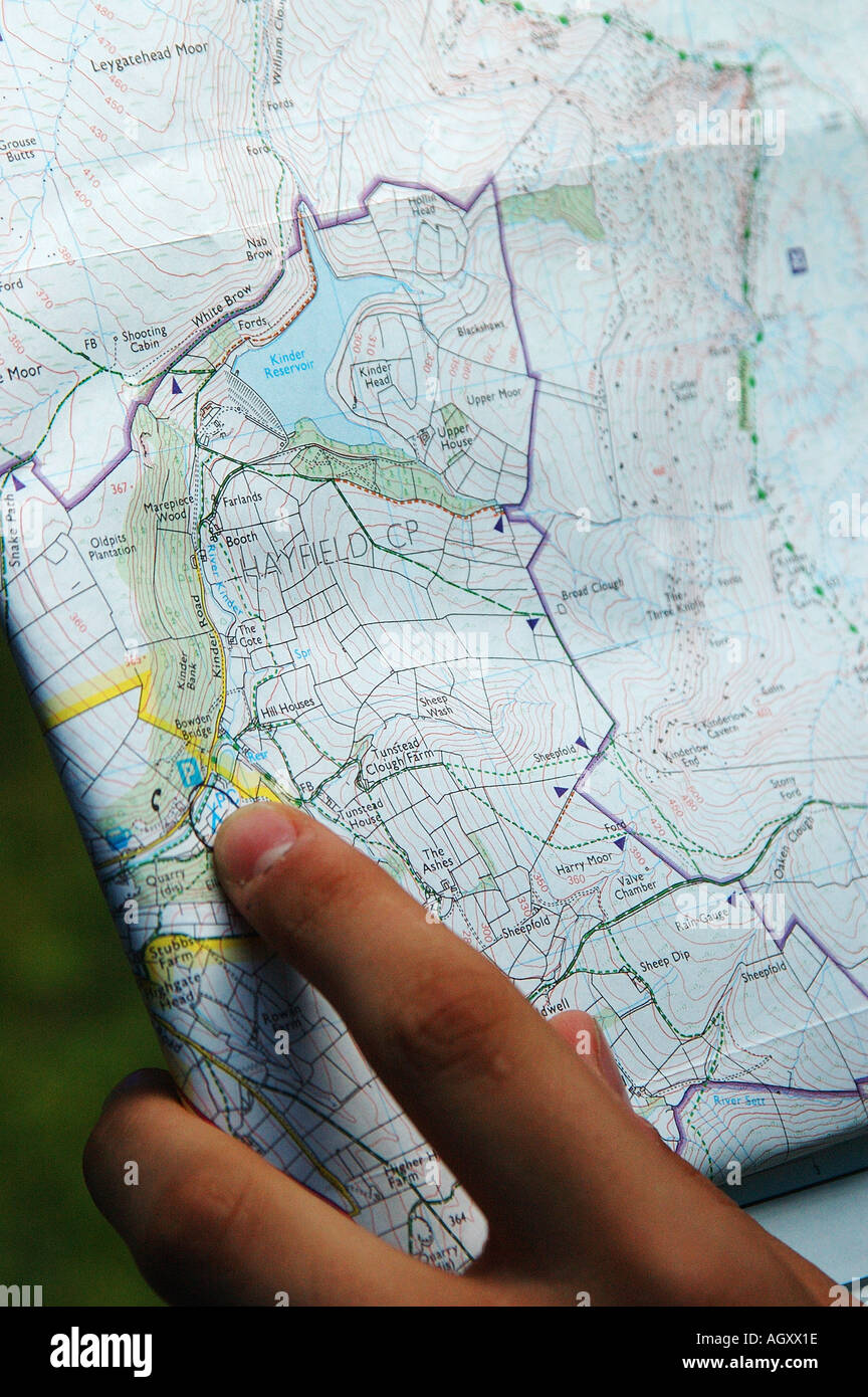Map reading pointing lost plot terrain hike walk journey travel Stock ...