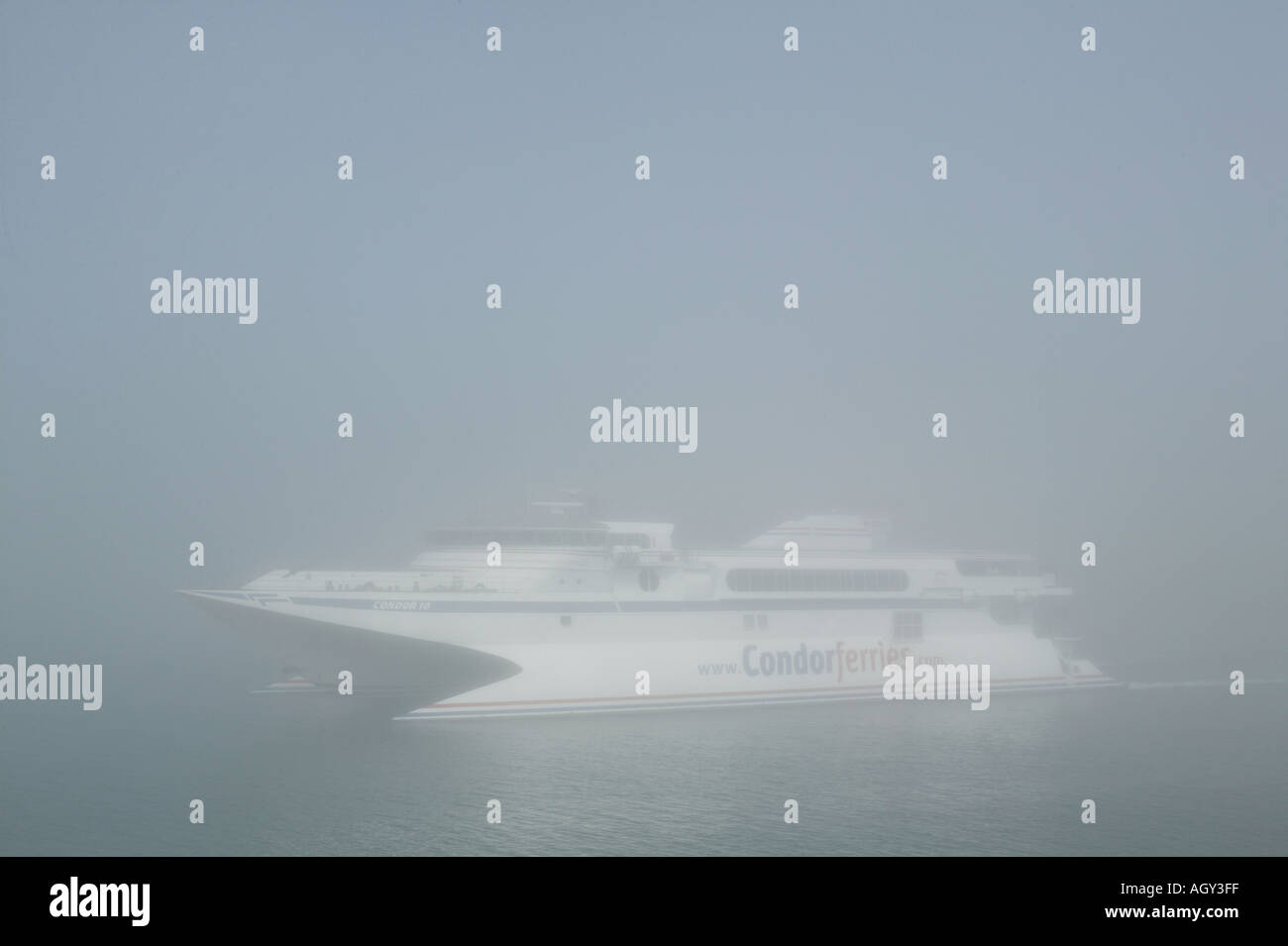 condor ferries vessel jersey channel islands sailing into fog Stock ...