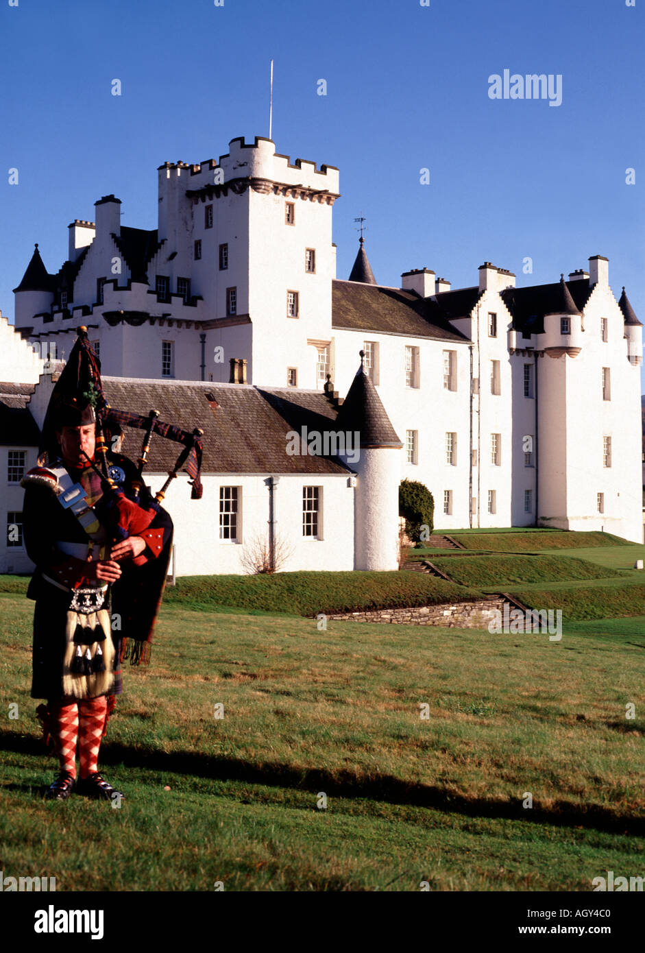 UK Scotland Perthshire Blair Castle near Pitlochry and Highland Piper ...