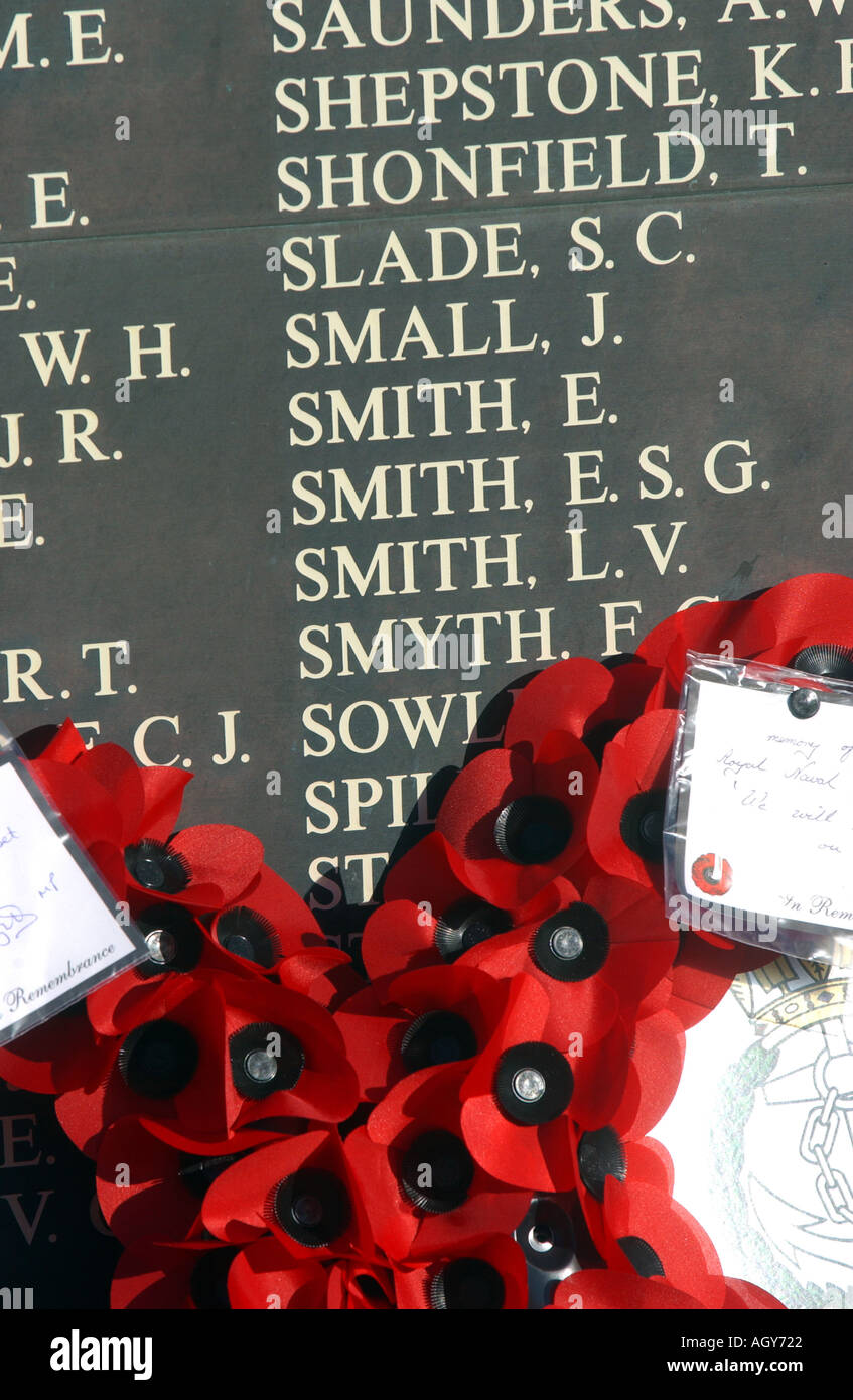 Close up of Poppy wreaths at a cenotaph during a Remembrance Service ...