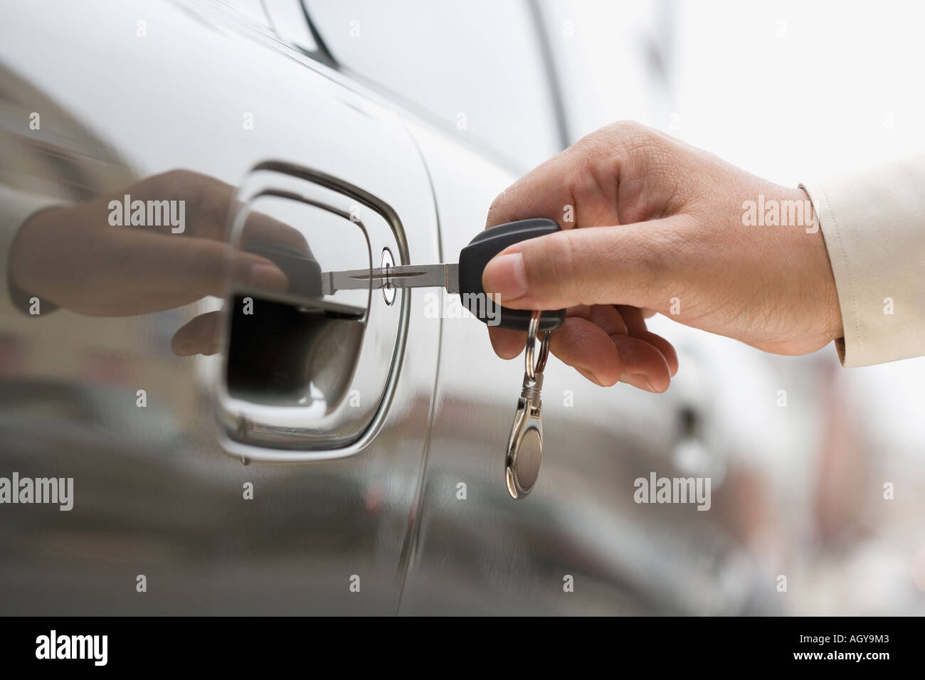 Close up of man s hand unlocking car door with key Stock Photo - Alamy