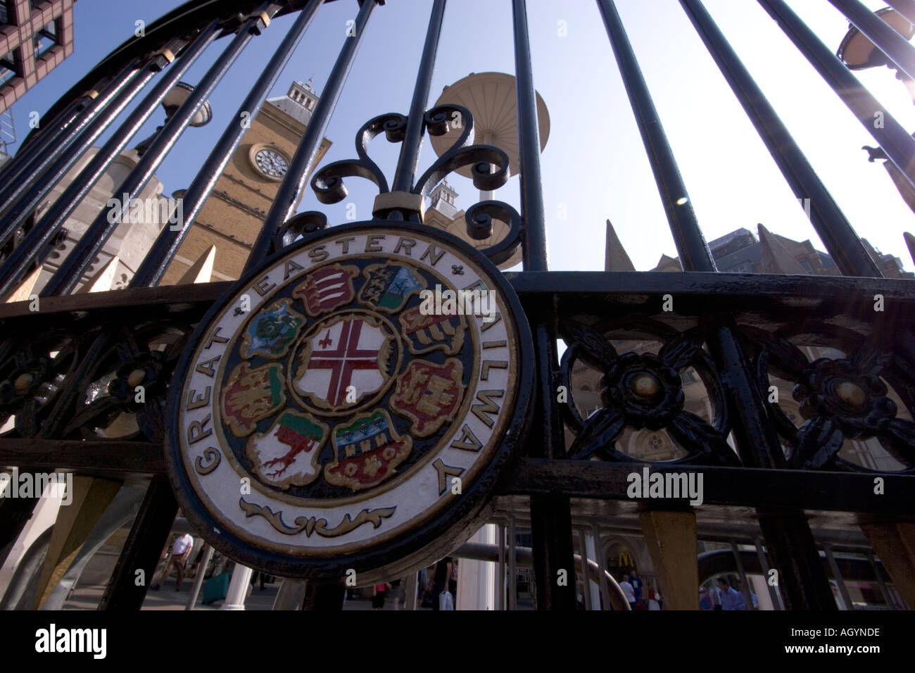 Great Eastern railway sign signage emblem on metal railings outside ...