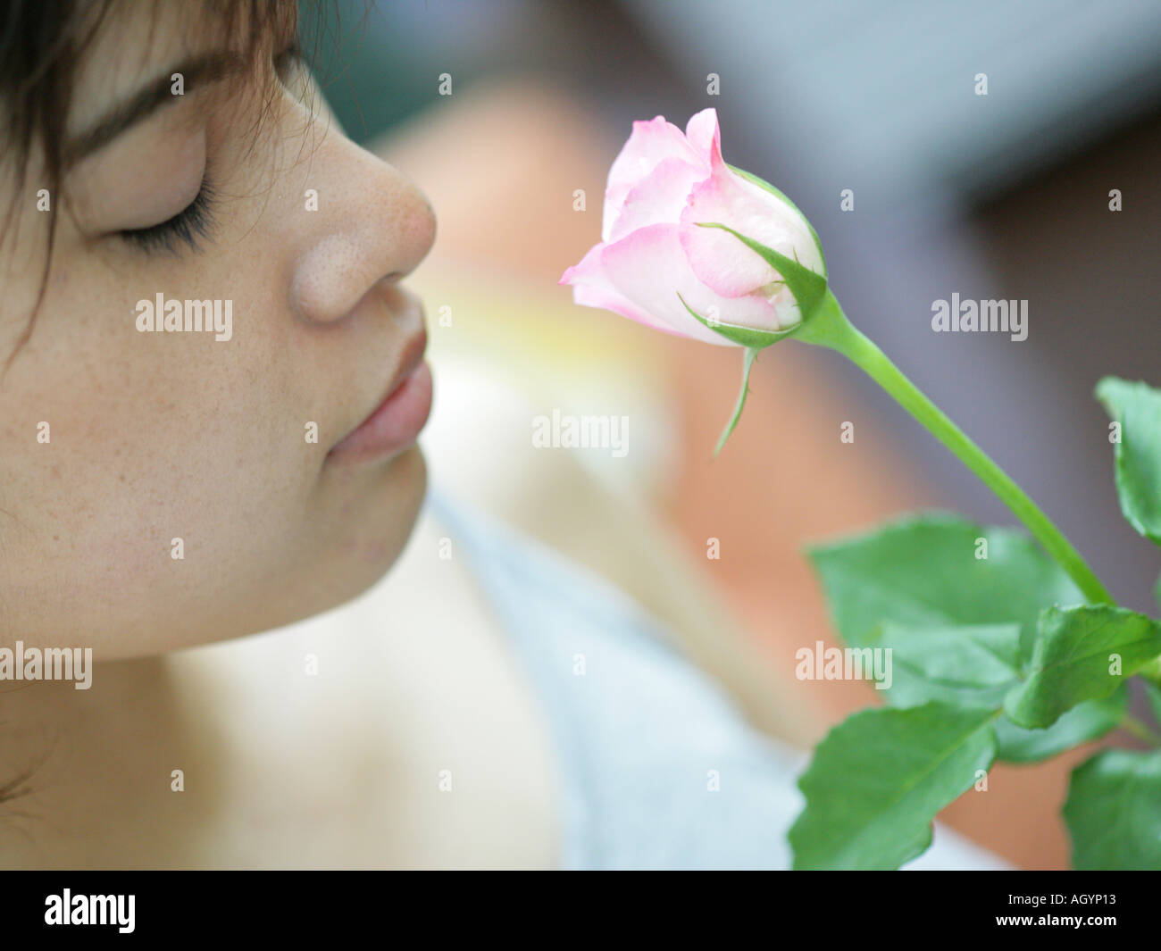 Side profile of a young woman praying with a flower in her hands Stock ...