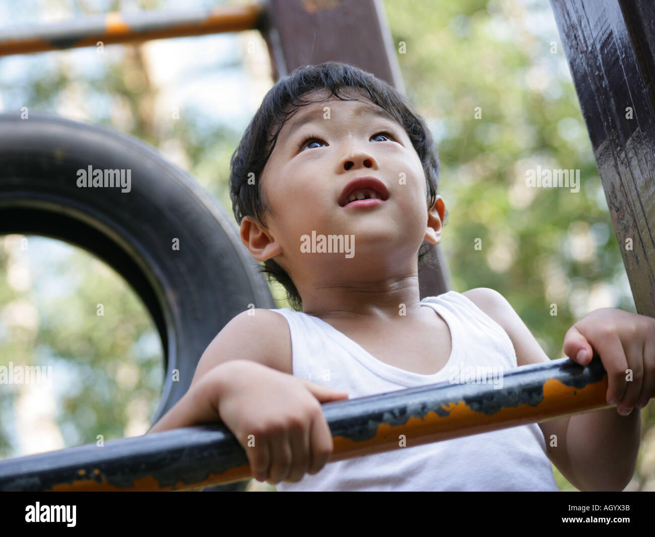 Close up of a boy holding monkey bars in a playground Stock Photo - Alamy