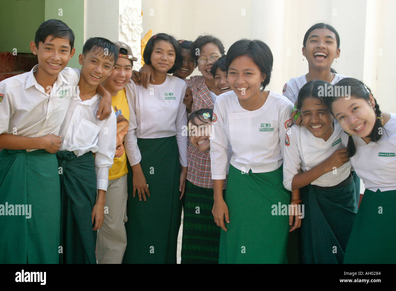 Happy Burmese Schoolchildren on an outing to the Shwedagon pagoda in Yangon Rangoon Myanmar ...