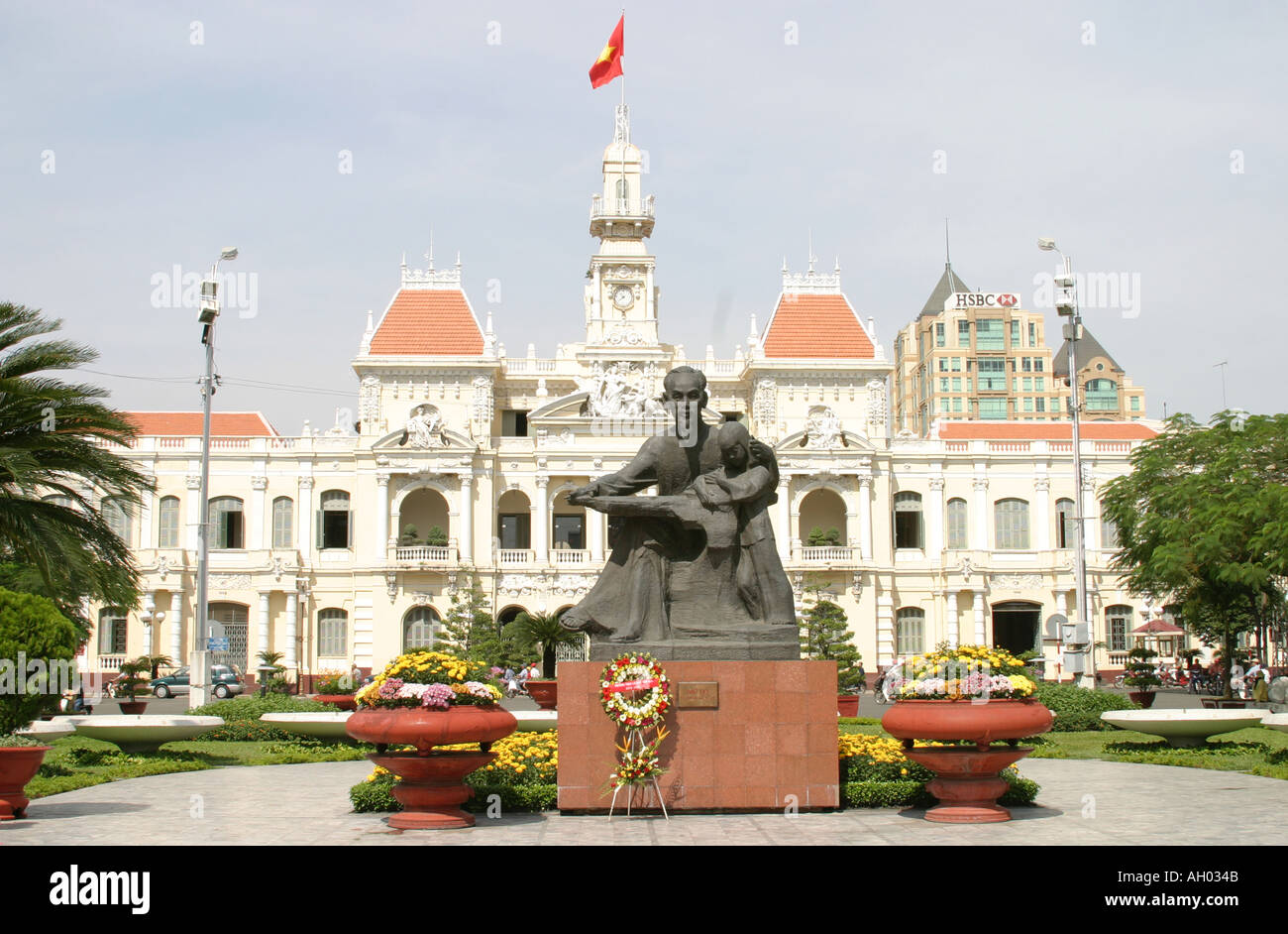 Saigon city statue of Ho Chi Minh surrounded by gardens and flowers ...