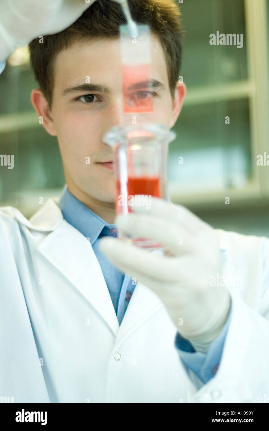Young male scientist dipping microscope slide into solution in test ...