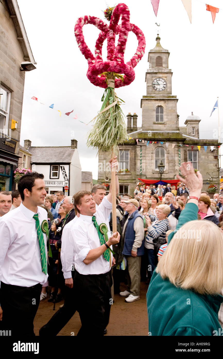 Traditional Scottish event Langholm Common Riding procession emblems ...
