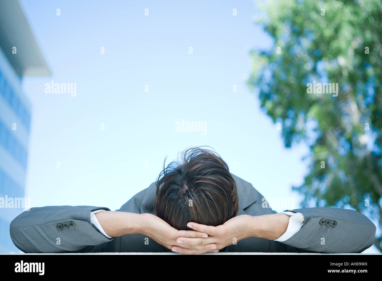 Businessman lying on back outdoors, hands behind head, rear view Stock ...