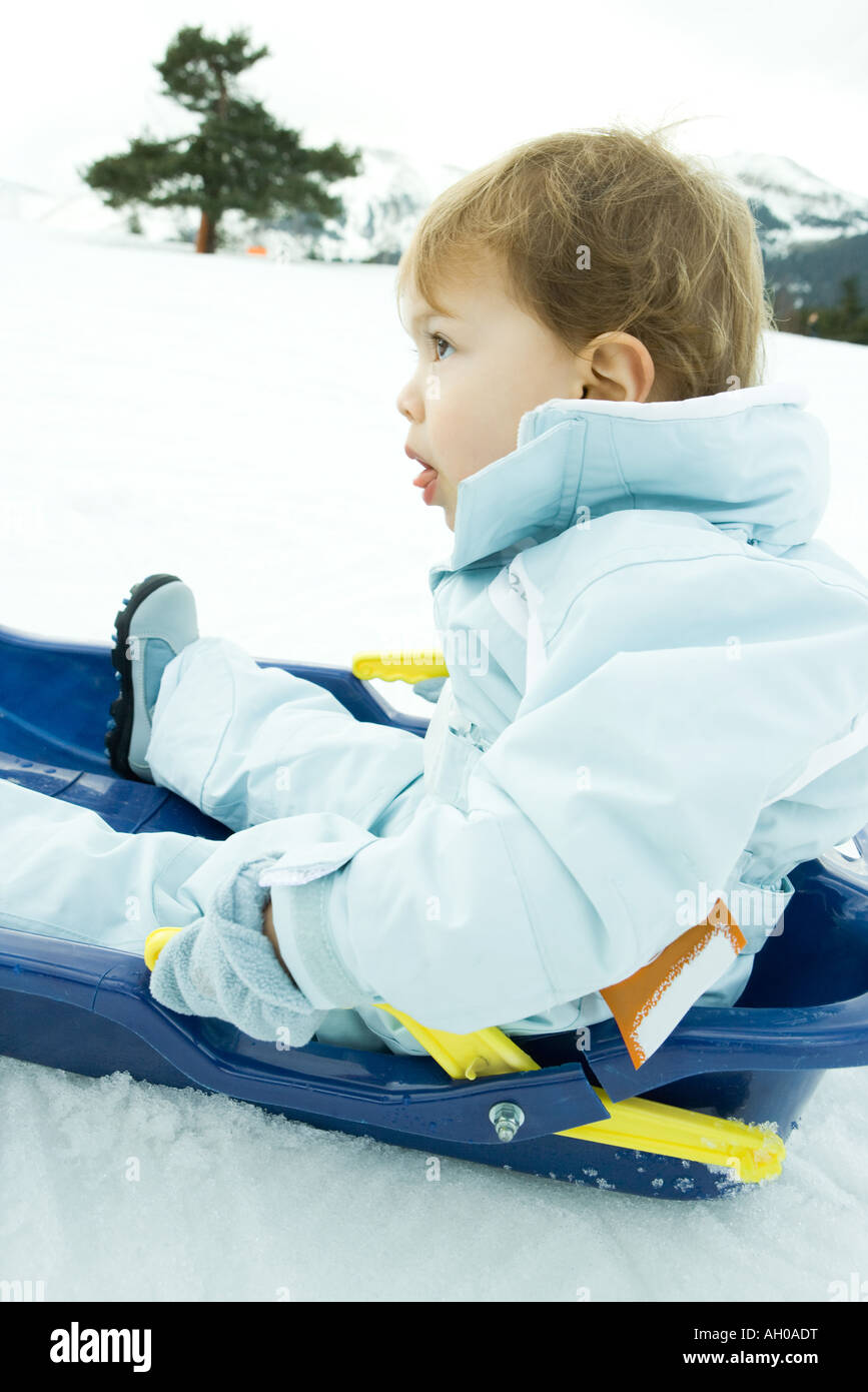 Little boy sitting on sled, looking up, side view Stock Photo - Alamy
