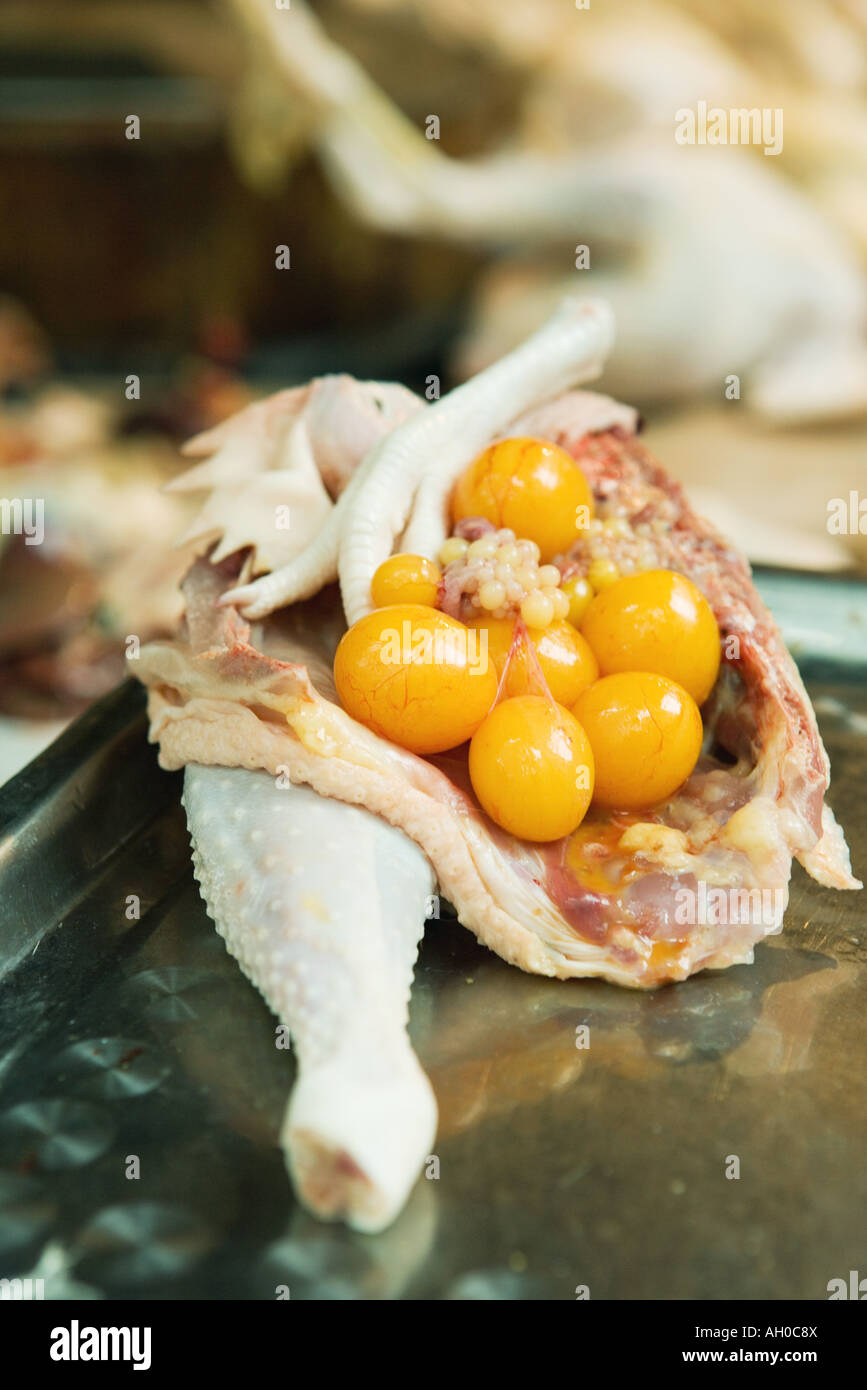 Cross section of hen with organs on scale in market, close-up Stock ...
