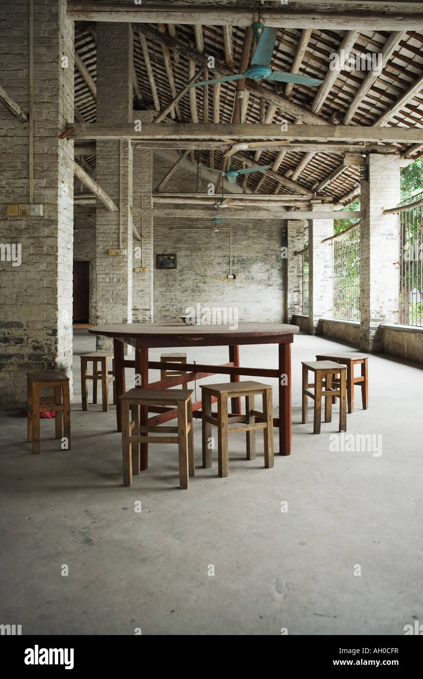 Wooden table and stools in temple's outdoor dining area Stock Photo - Alamy