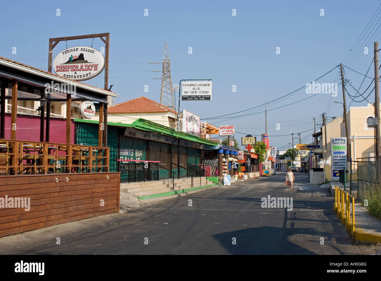 early morning on the main street of Kavos Corfu Island Greece Stock ...