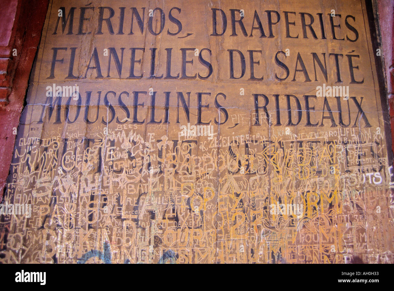 "^fabric ^store sign ^covered in graffiti, Rouen, ^Normandy Stock Photo ...