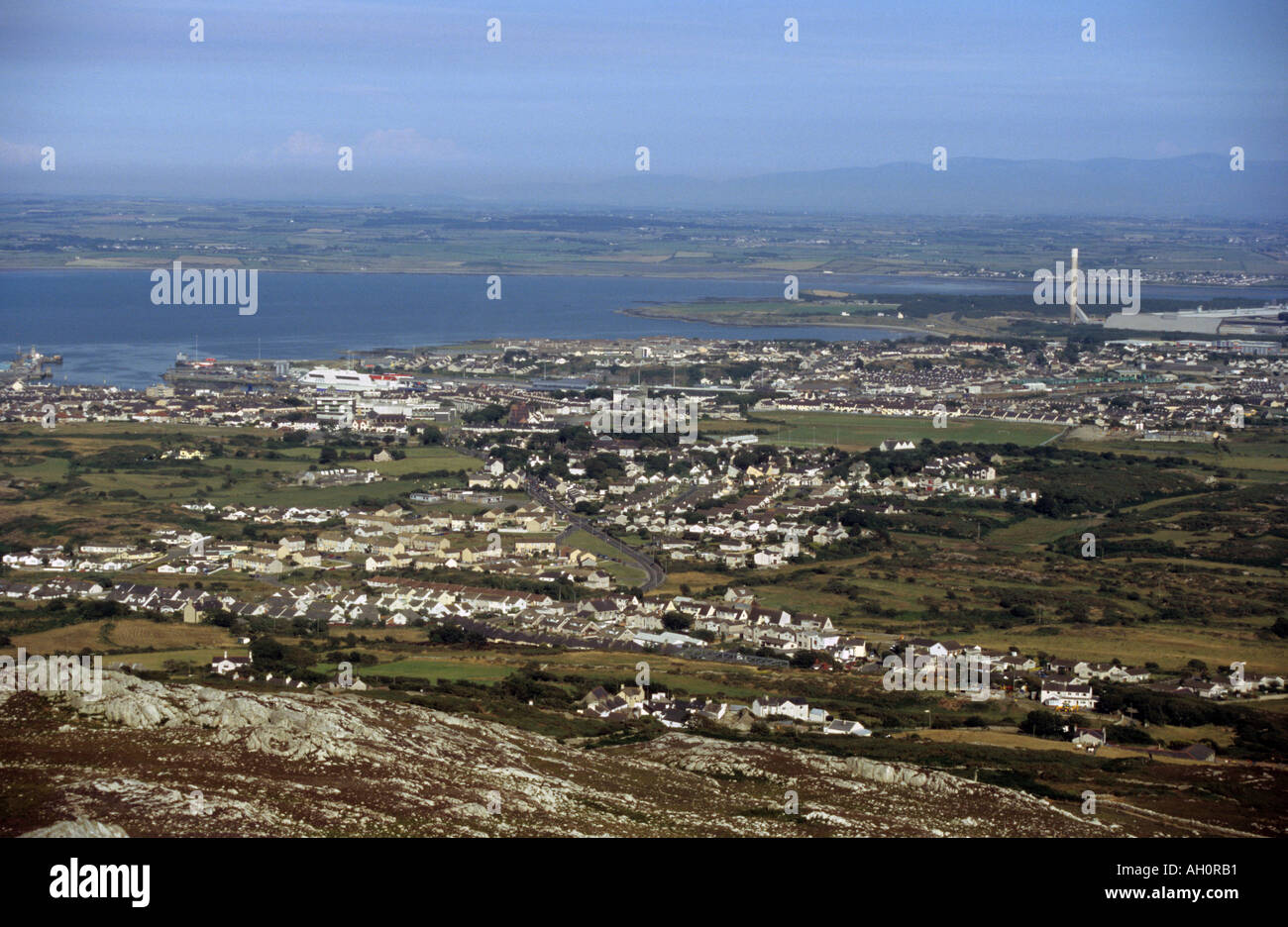 Aerial view of Holyhead town and harbour from Holyhead Mountain Stock ...