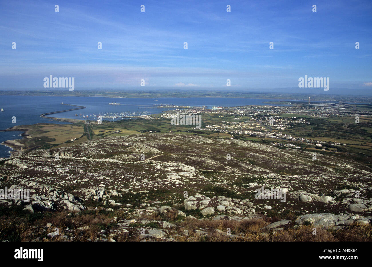 Aerial view of Holyhead town and harbour from Holyhead Mountain Stock ...