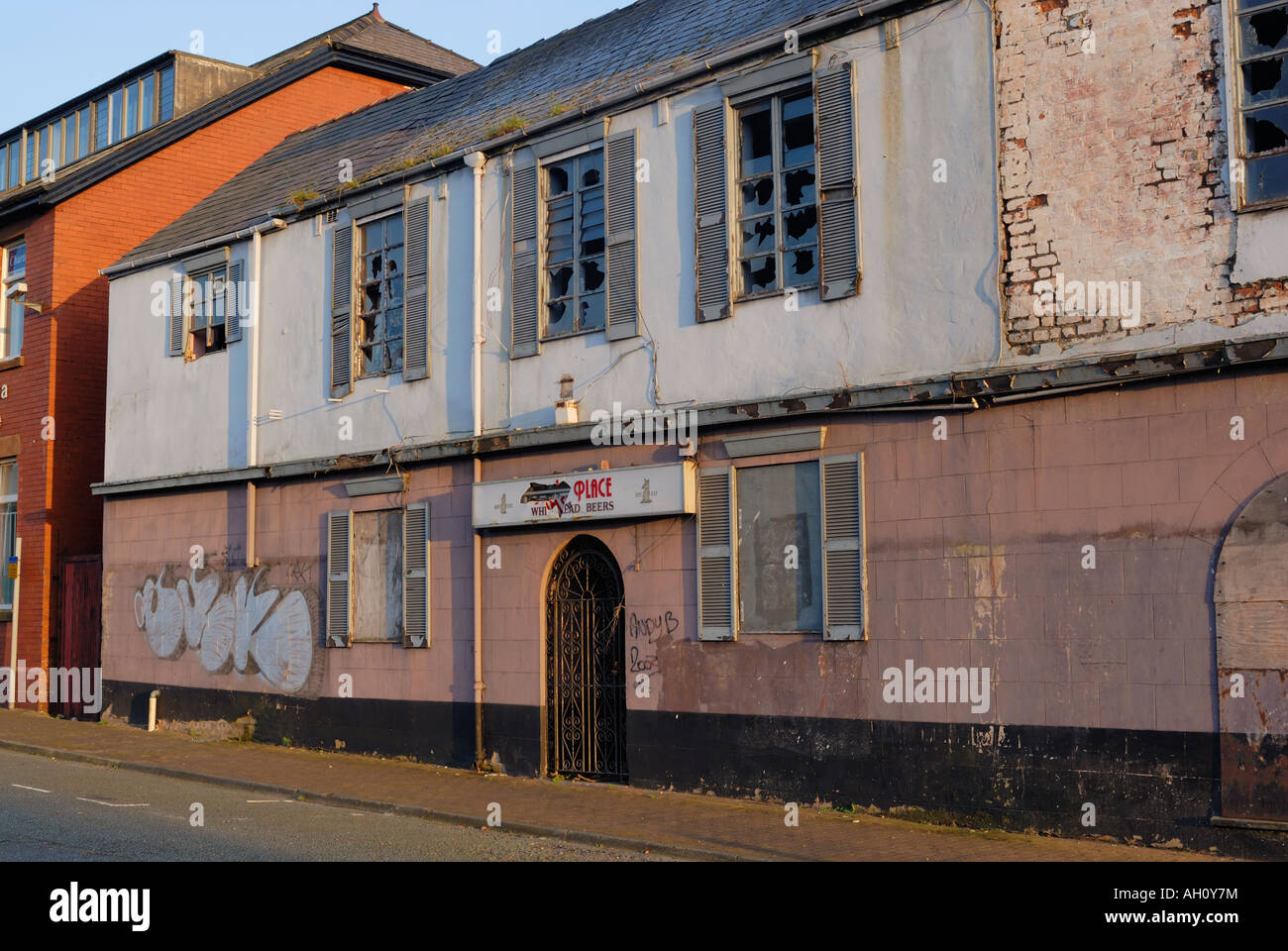 Graffiti on a semi derelict building suffering from urban decay in ...