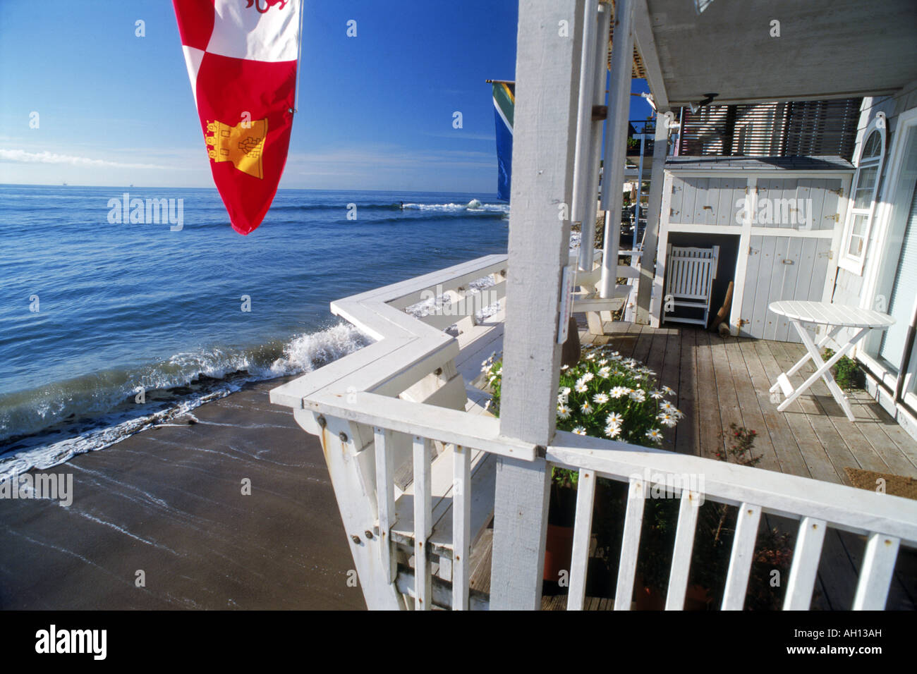 Balcony of beachfront home above waves at Montecito near Santa Barbara ...
