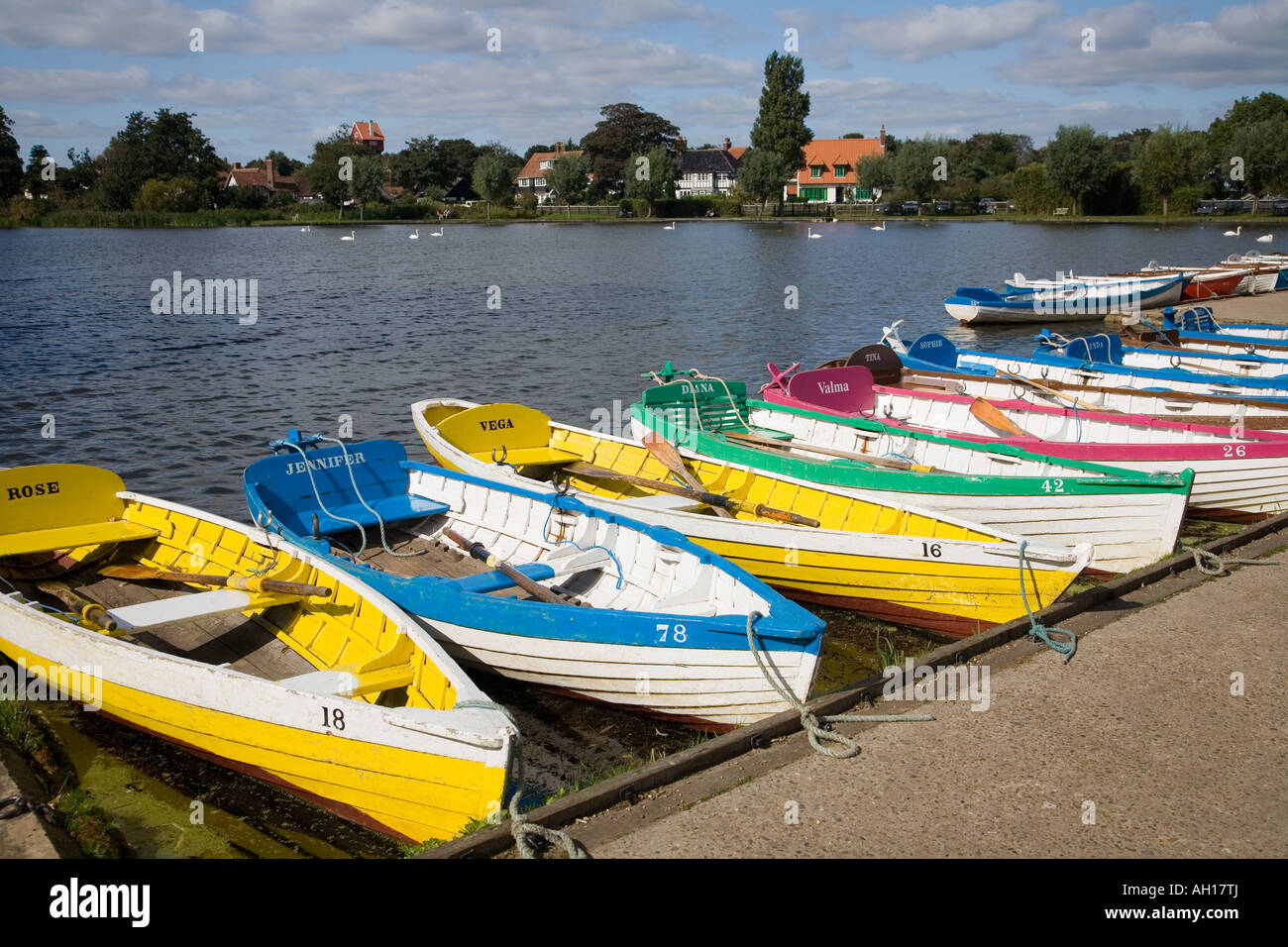 Rowing boats for hire on the lake at Thorpeness, Suffolk, England Stock ...