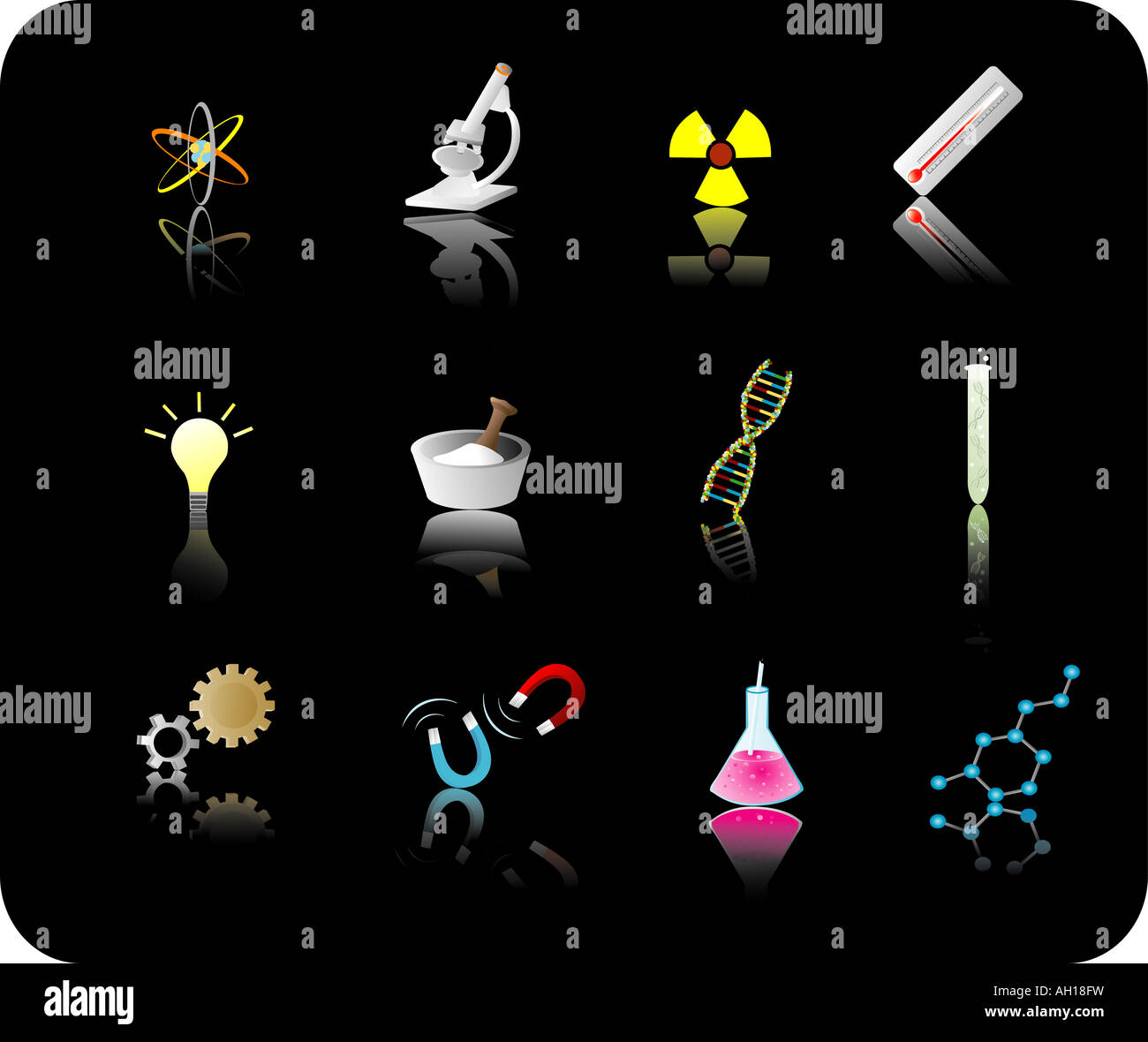 color reflective science icon set with black background Stock Photo - Alamy