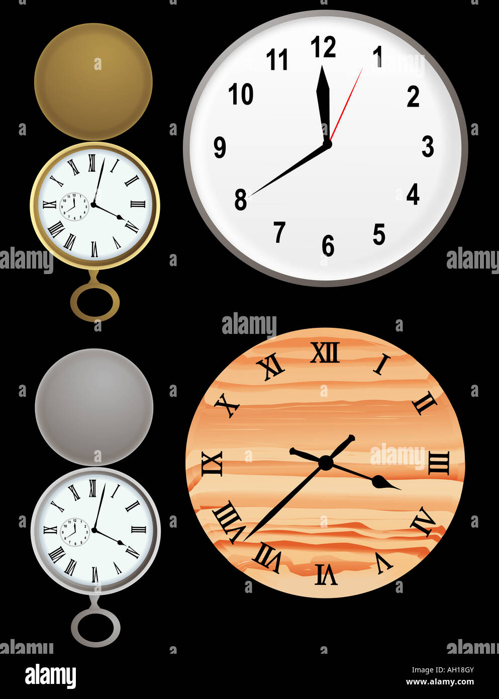 Vector based illustration of wall clocks and gold and silver stopwatch ...