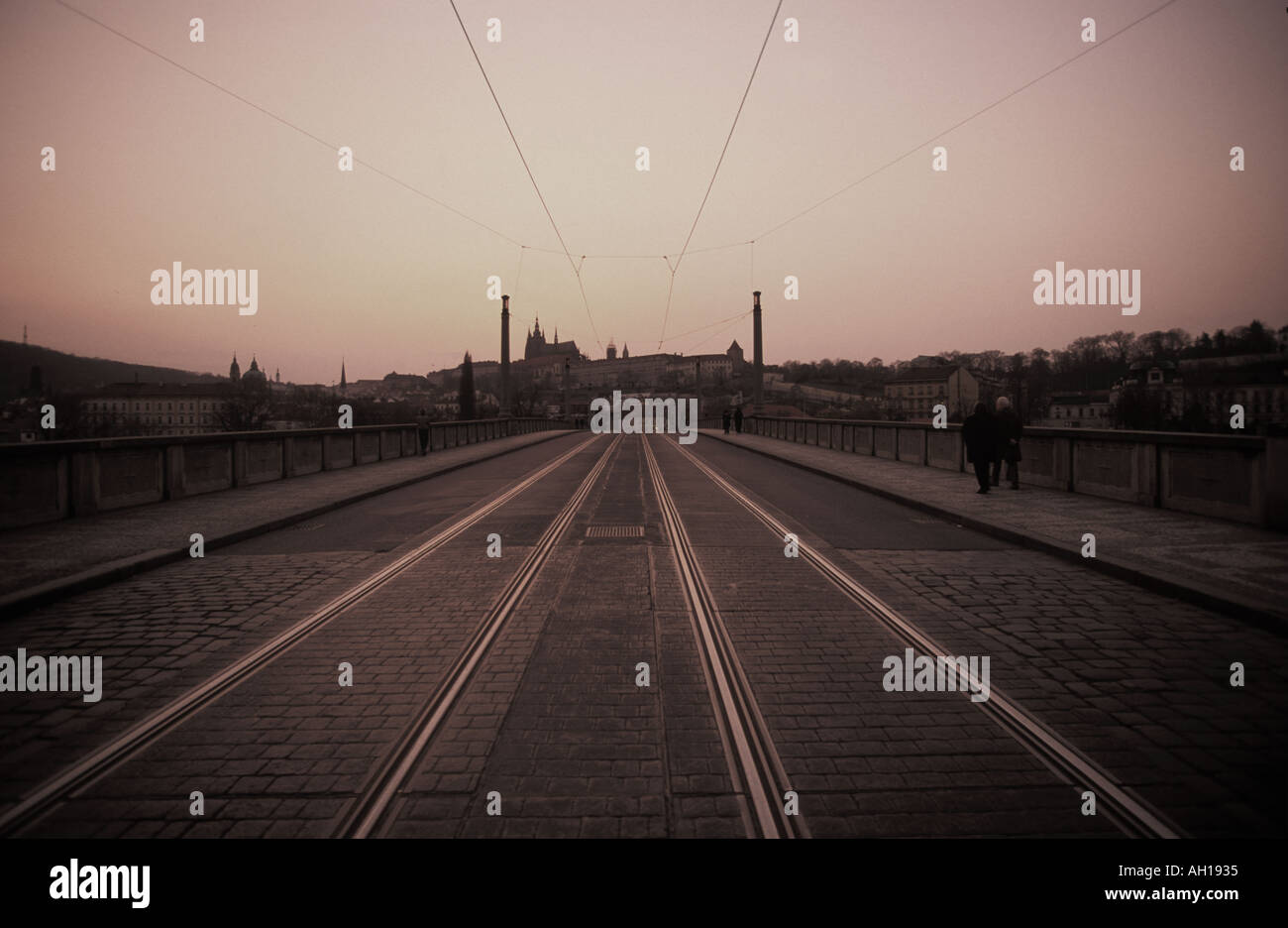 Tram lines on Manesuv most a bridge over the river Vltava Prague Czech ...