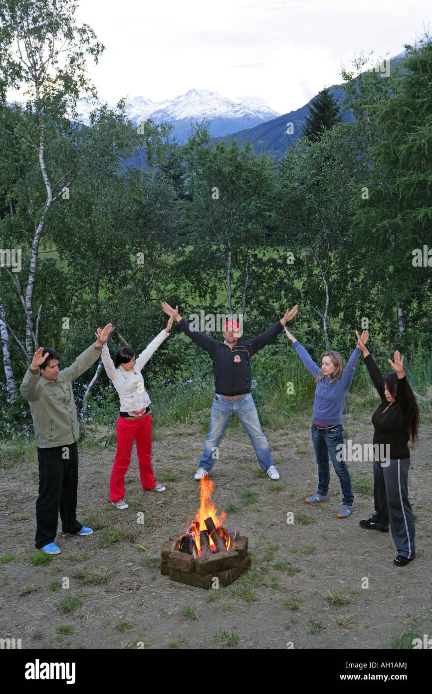 people doing vedische fire meditation Stock Photo - Alamy