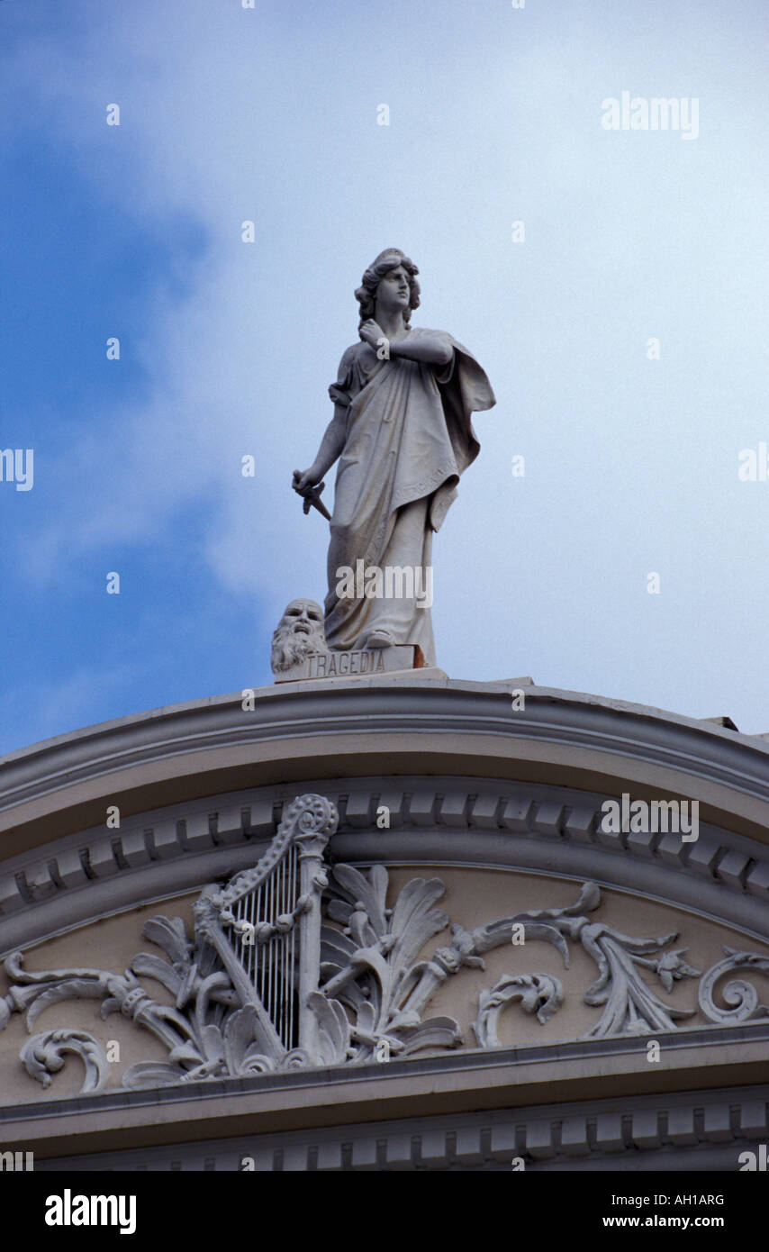 Greek Tragedy sculpture atop the neoclassical style Teatro de Santa Ana ...