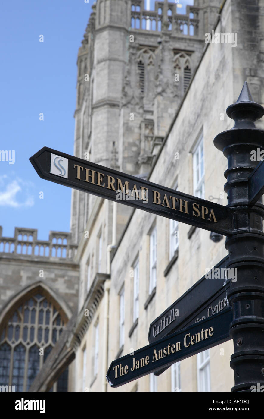 Signpost with the Abbey in the background in Bath, England, UK Stock ...