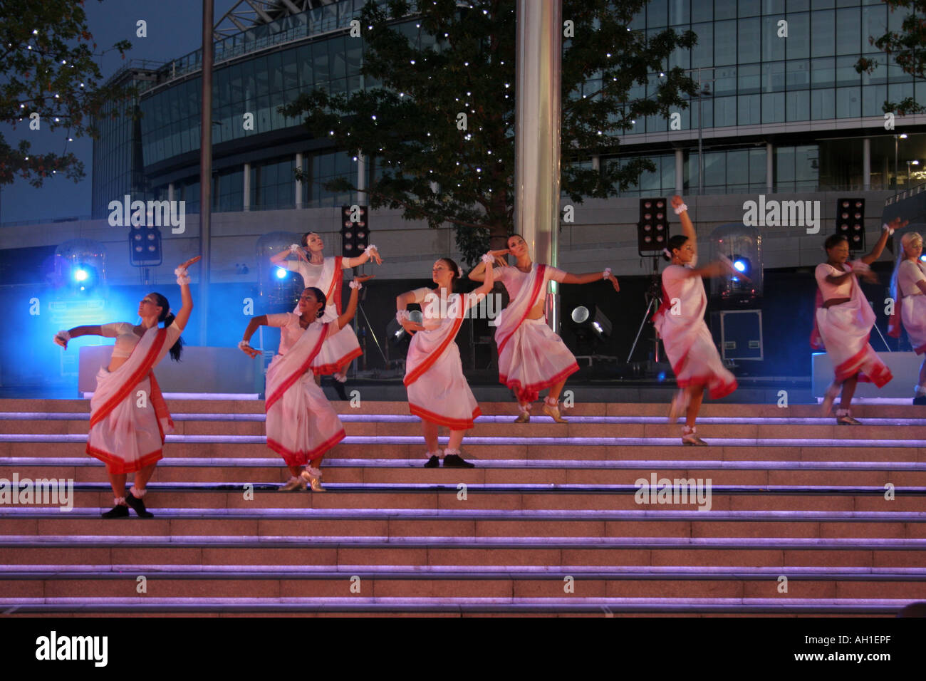 The dance troupe Bollywood steps performing outside Wembley Stadium ...