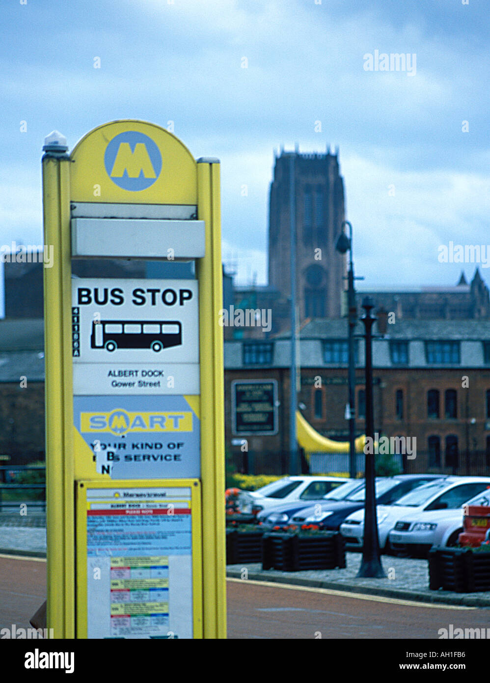 Bus stop at Albert Docks with the Anglican Cathedral in the background ...