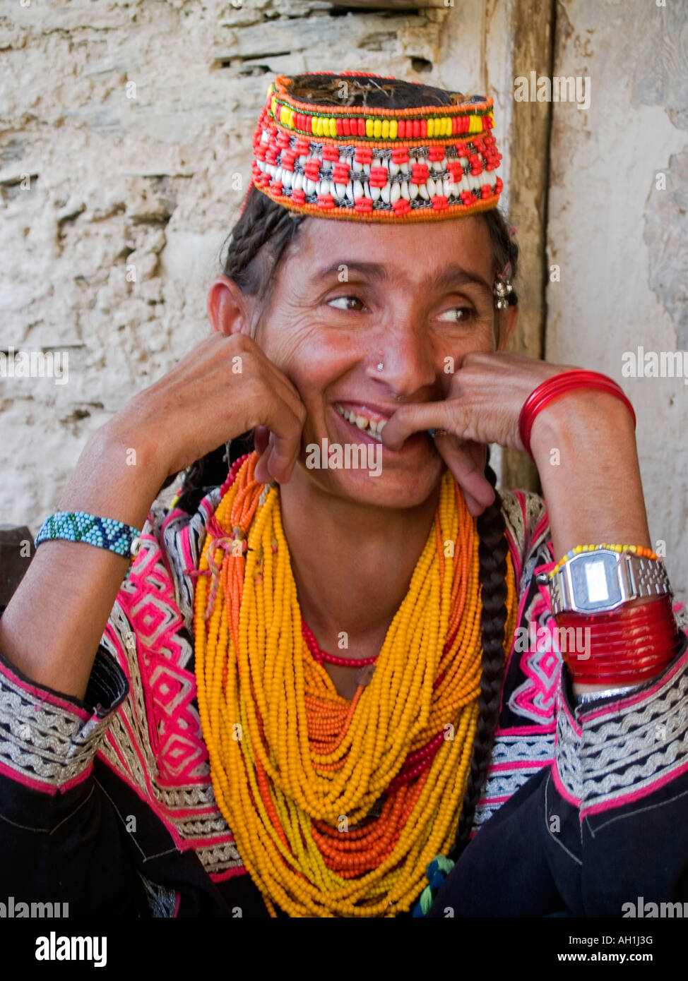 Kalasha woman with big smile Rumbur Valley Pakistan Stock Photo - Alamy