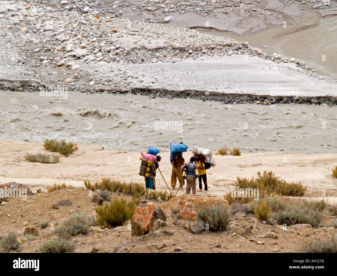 group of Baltit porters on the Braldu River leading to K2 and Concordia ...