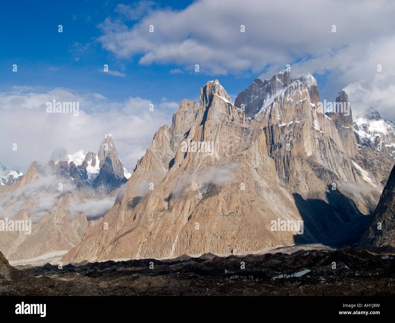The mighty Trango Towers rise above the Baltoro Glacier Karakoram Range ...